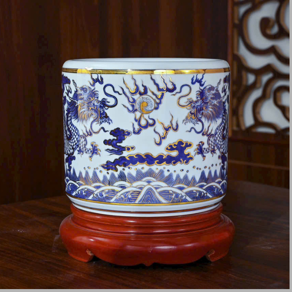 Bát Hương Song Long Chầu Nguyệt Men Lam Vẽ Vàng - Sứ Vạn Niên